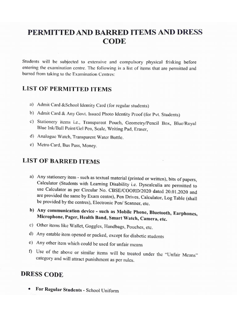 Permitted and Barred Items and Dress Code During Examination | PDF