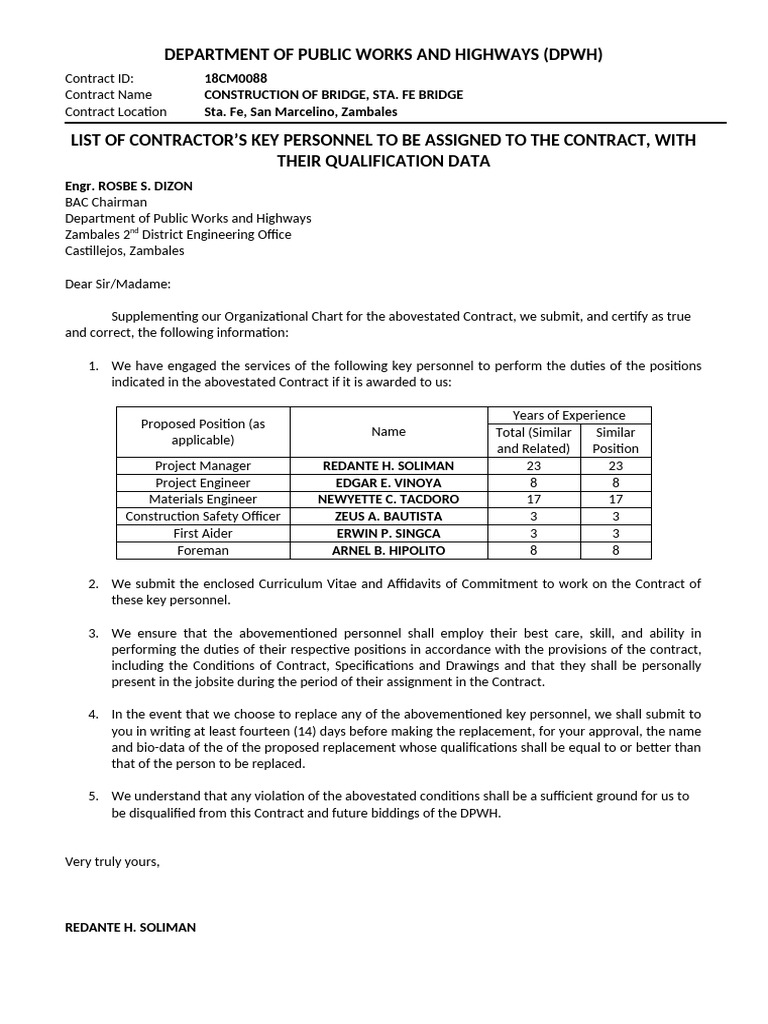 List of Contractor's Key Personnel | PDF