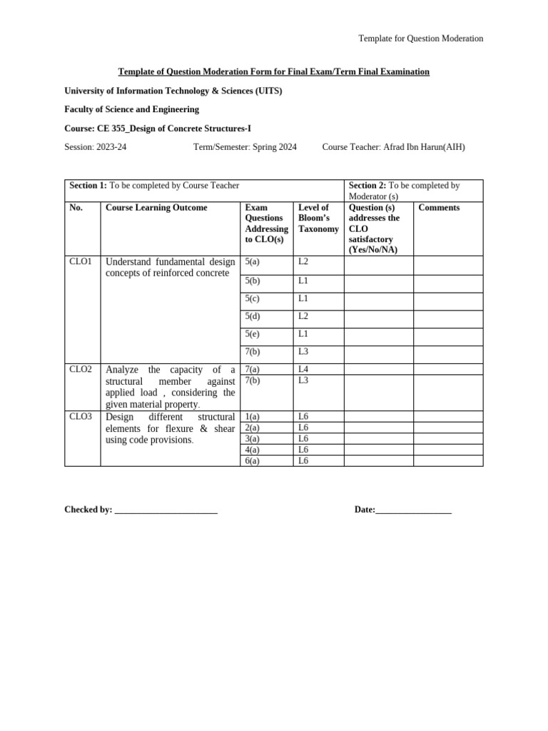 SRT Template of Question Moderation Form for Final Exam CE 313 | PDF