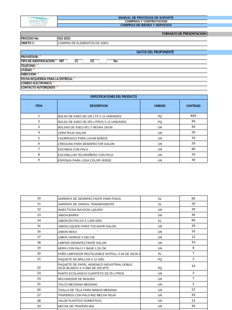 PROCESO 012-2025 ELEMENTOS DE ASEO | PDF