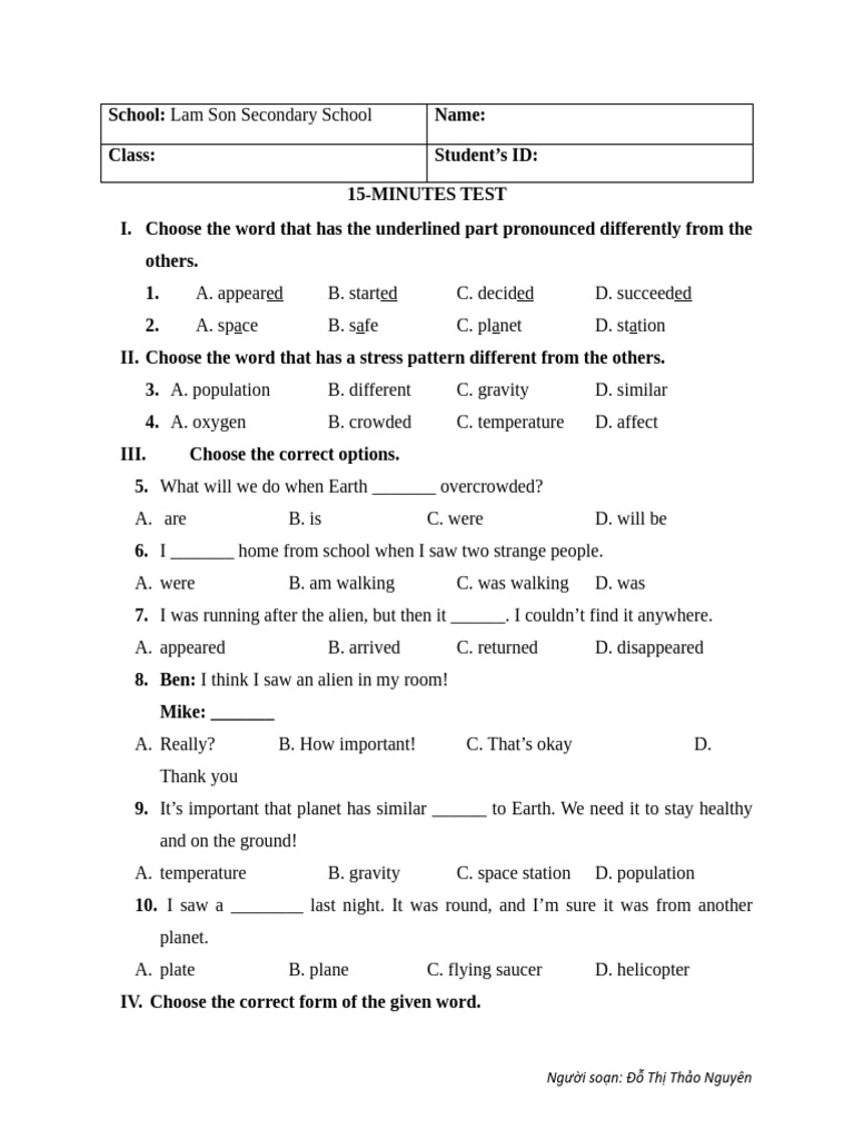15-Minute English Test for Students | PDF