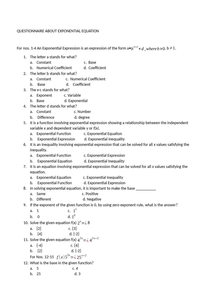 Questionnaire About Exponential Equation | PDF | Exponential Function ...