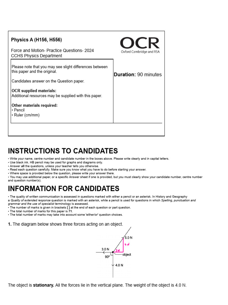 Force_and_Motion-_Practice_Questions-_2024 (2 | PDF | Force | Velocity