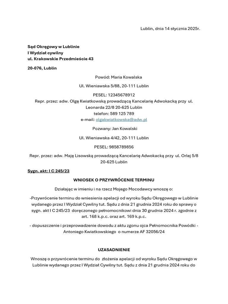 KPA- wniosek o przywrócenie terminu - wzór | PDF