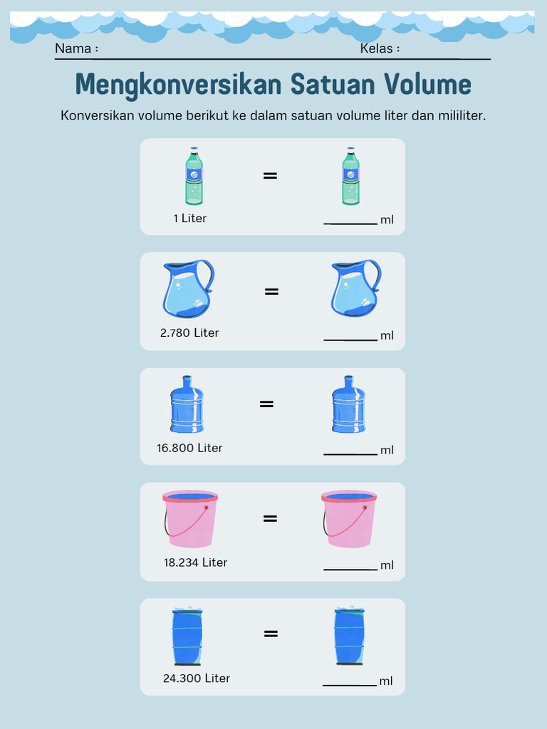 Mengkonversikan Satuan Volume Lembar Kerja Biru Putih Ilustrasi | PDF