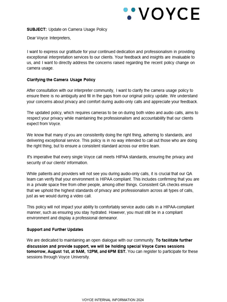 Update On Camera Usage Policy | PDF | Privacy | Communication