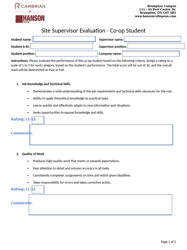 BR Placement Supervisor's Evaluation 2024 | PDF | Evaluation | Skill