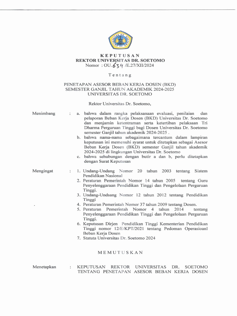 SK. Rektor Asesor BKD Ganjil T.A. 2024.2025 | PDF