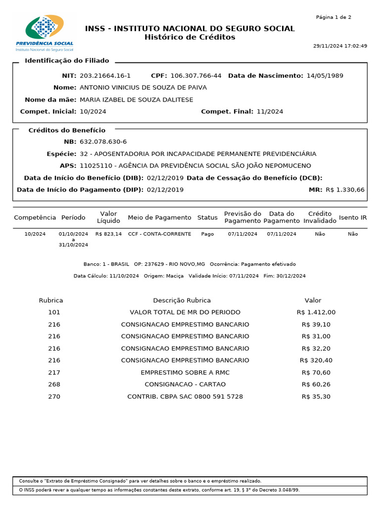 Modelo de Comprovante de renda INSS | PDF | Empréstimos | Economia financeira