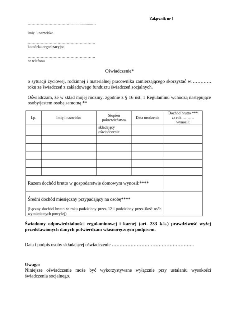 Zalacznik NR 1 - Oswiadczenie o Dochodach - Pracownik 2 | PDF
