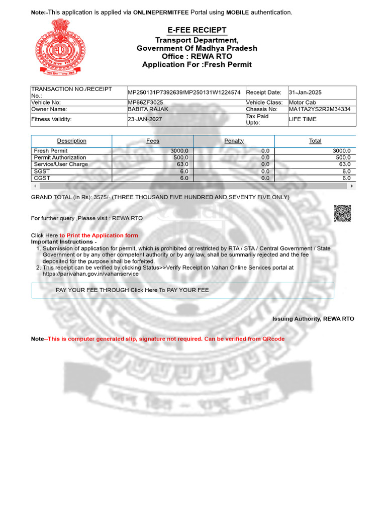 MP66ZF3025 - Permit Tax Receipt | PDF | Receipt