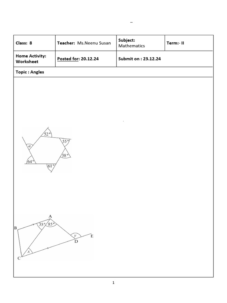 Mathematics Worksheet for Class 8 - Angles | PDF | Rectangle ...