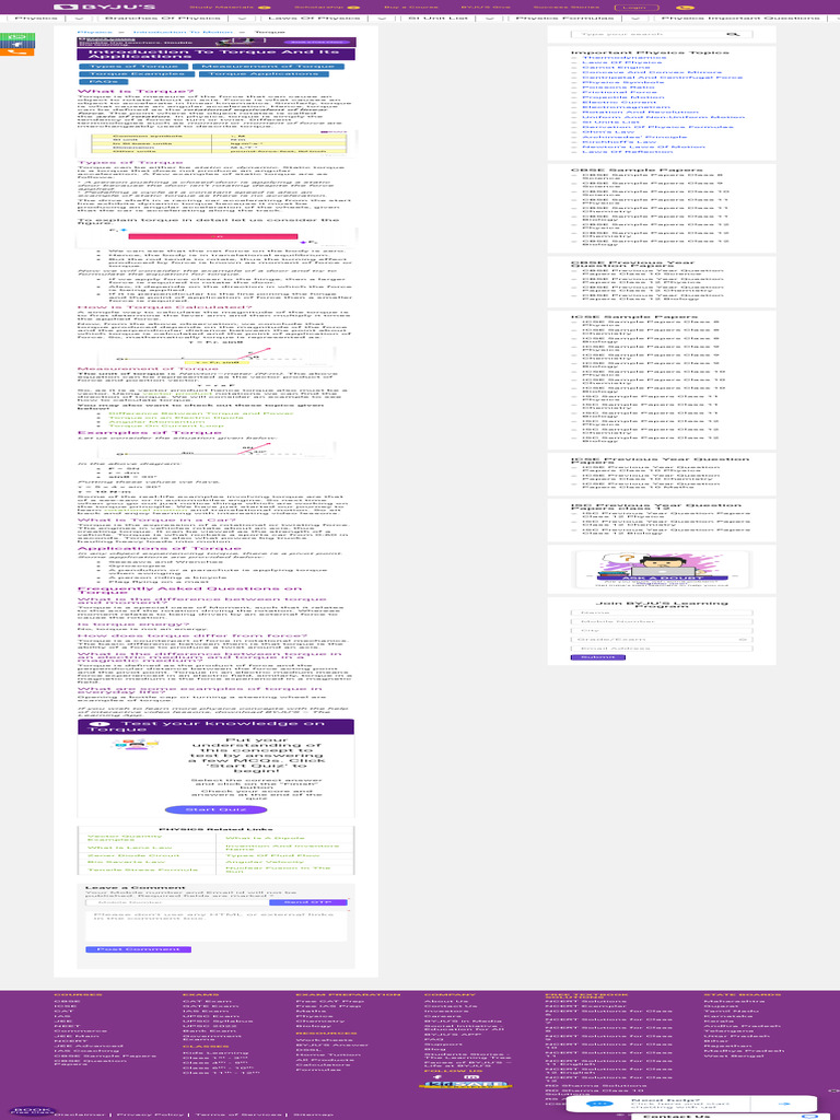 What Is Torque - Definition, Formula, Symbol, Unit, Examples | PDF ...