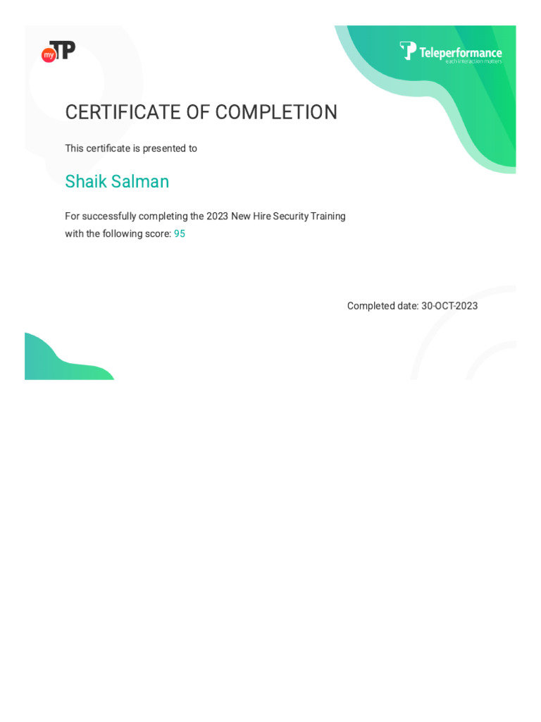 Security Training Completion Certificate | PDF