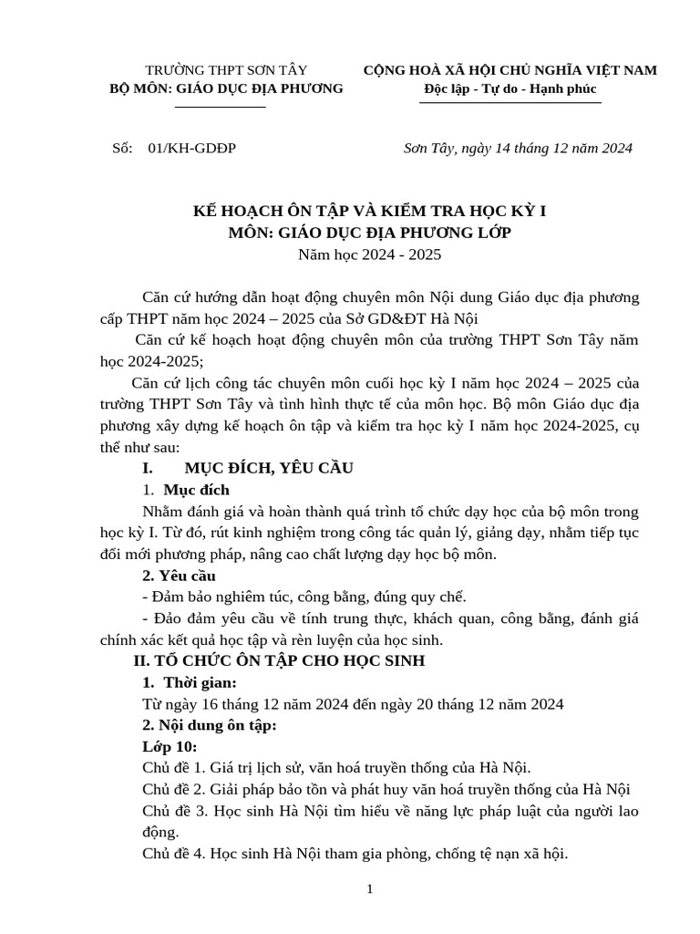 2 KE HOACH On Tap Va Kiem Tra HK1 Nam Hoc 2024-2025 (GDĐP) | PDF