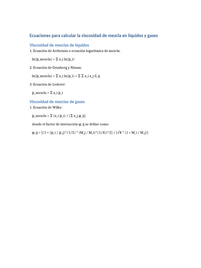Ecuaciones de Viscosidad en Mezclas | PDF