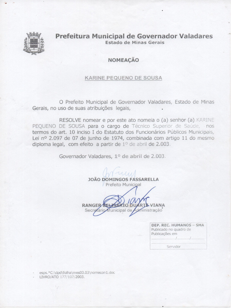 Karine Pequeno Nakao Ruiz - Nomeação PMGV | PDF