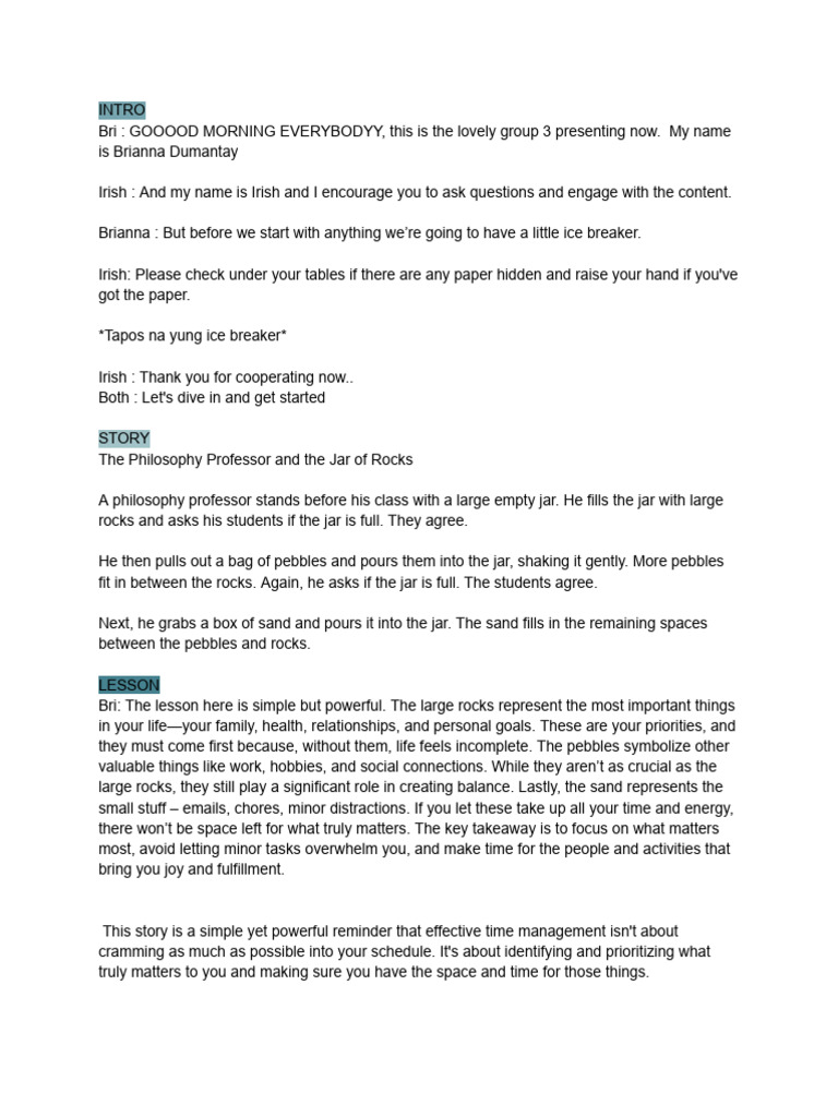 Time Management: Rocks, Pebbles, Sand | PDF