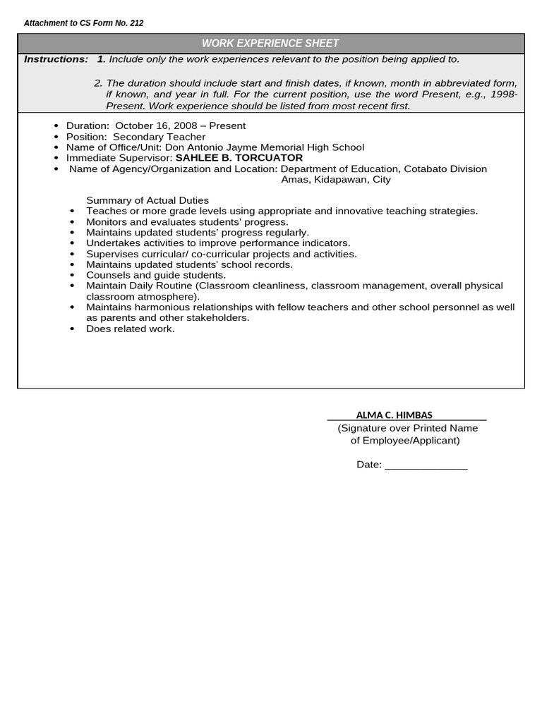 Work Experience Sheet CS Form No. 212 ACHIMBAS | PDF