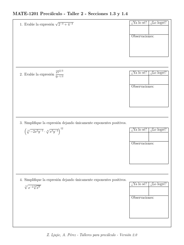 Ejercicios de Precalculo: Taller 2 | PDF