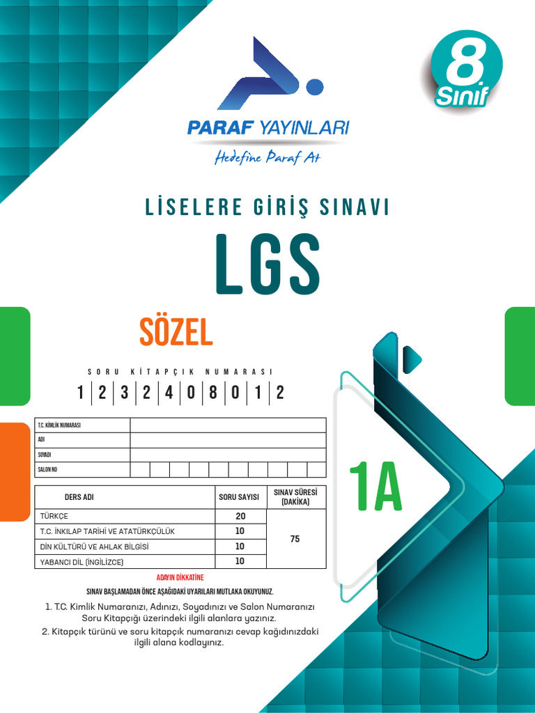 Paraf Yay 8SNF Deneme Sinavi 01 Sozel Bolum A Kitapcigi Baski (25 Eylul 2023) | PDF