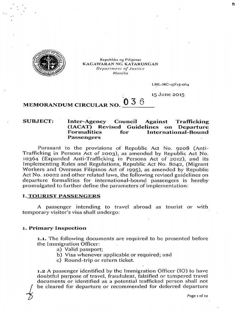 DOJ Memo Circular No. 036 IACAT Revised Guidelines On Departure Formalities For International ...