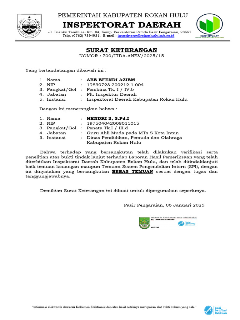 Surat Keterangan Bebas Temuan an. HENDRI, S.S.pd_signed.pdf | PDF