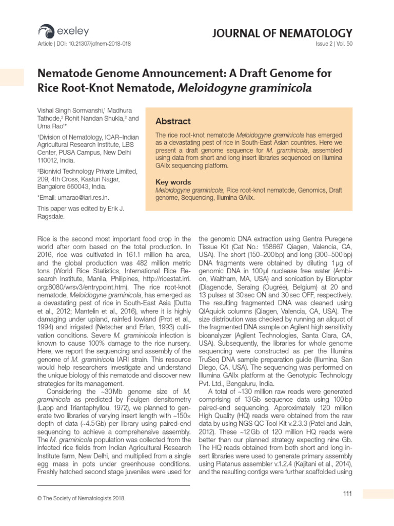 Nematode Genome Announcement A Draft Genome For Rice RootKnot Nematode Meloidogyne Graminicola ...