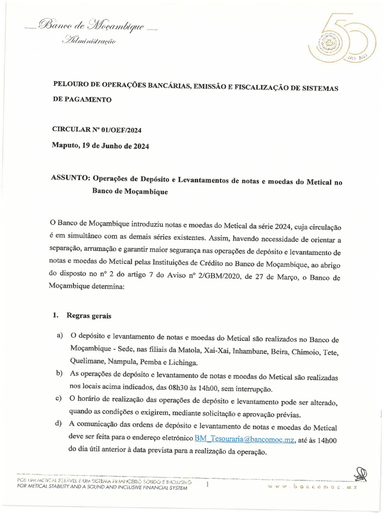 Circular #01.OEF.2024 de 19 de Junho - Operações de Depósito e ...
