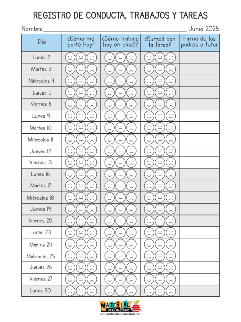 Registro de Conducta, Trabajos y Tareas - Junio 25 | PDF