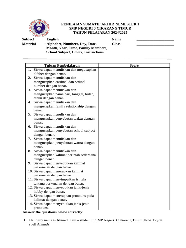Latihan Soal B.Inggris Kelas 7 | PDF | Linguistics | Linguistic Morphology