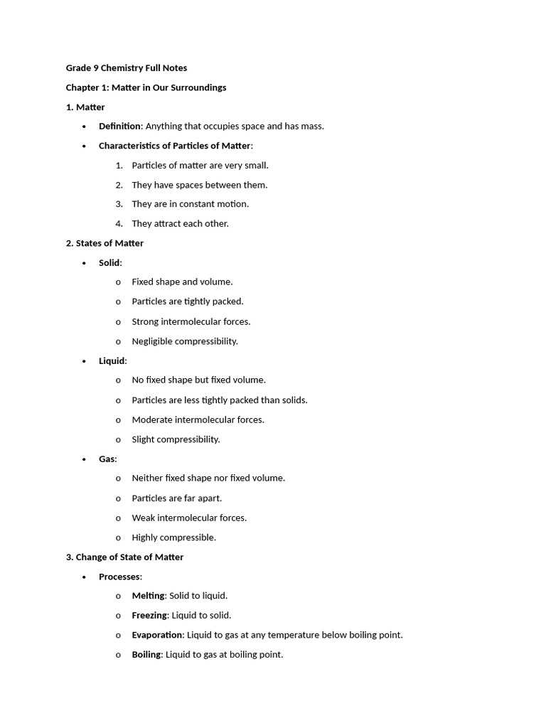 Grade 9 Chemistry Comprehensive Notes | PDF | Atoms | Mixture