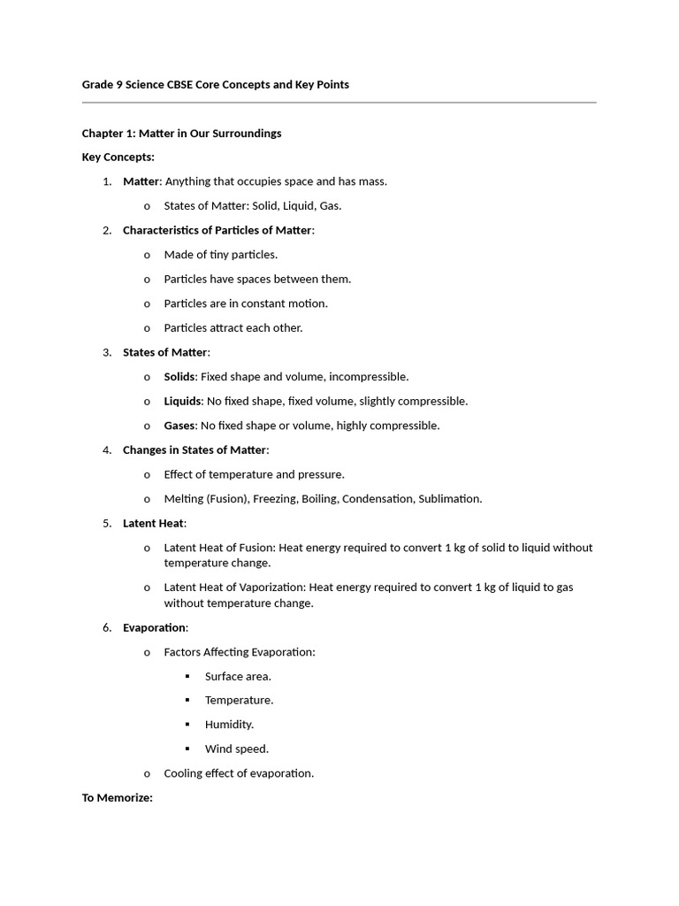 Grade 9 Science CBSE Core Concepts and Key Points | PDF | Mole (Unit ...