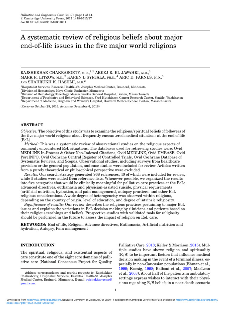 A Systematic Review of Religious Beliefs About Major End-Of-Life Issues ...