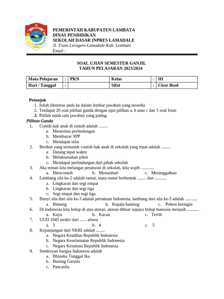 Soal Ujian PKN SD Kelas III | PDF
