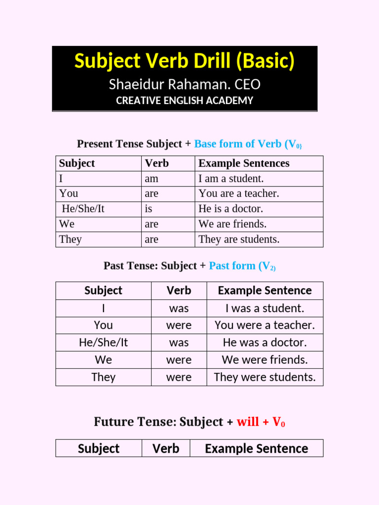 Subject Verb Drill Part 1 | PDF