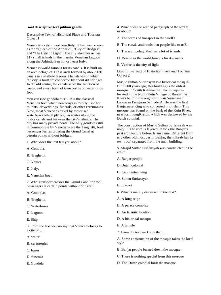Soal Descriptive Text Kelas 10 | PDF | Venice | Angkor Wat