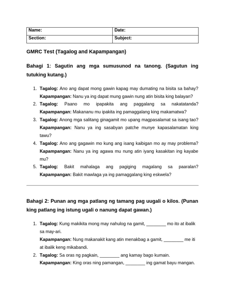 Bilingual worksheet Tagalog-Kapampangan | PDF