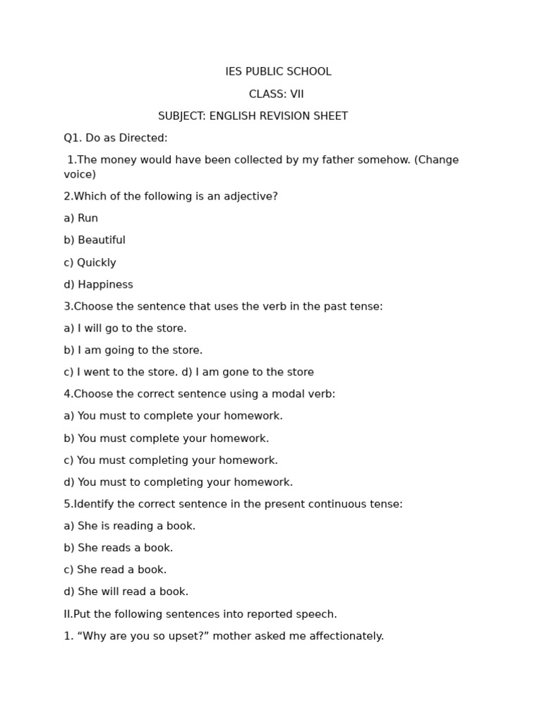Grade 8 English Revision Sheet | PDF