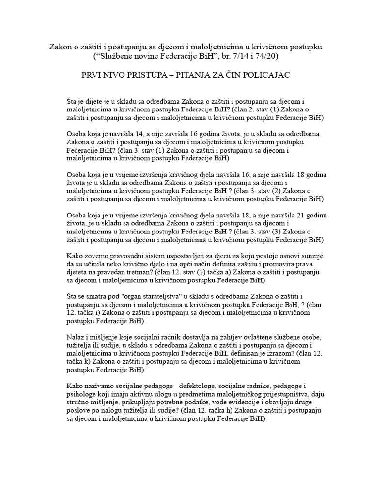 Zakon o Zaštiti I Postupanju Sa Djecom I Maloljetnika U Krivičnom Postupku F BiH | PDF