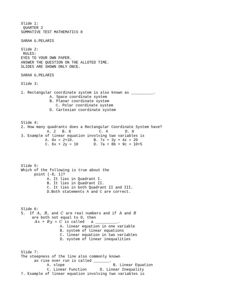Q2 Mathematics 8 Summative Test | PDF | Cartesian Coordinate System ...