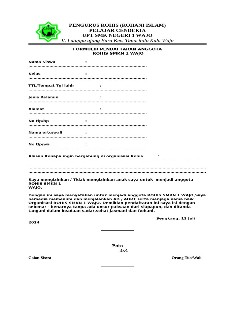 Formulir Pendaftaran Rohis | PDF