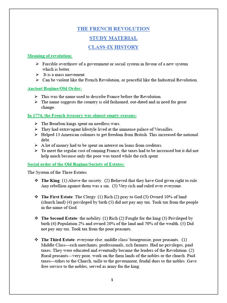 Study Material French Revoulution Class IX Session 2024-2025 | PDF ...