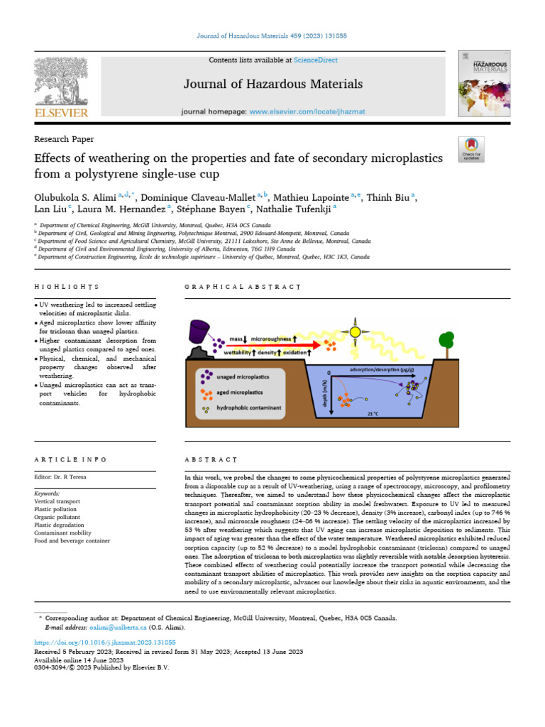 Effects of Weathering On The Properties and Fate of Secondary Microplastics | PDF | Natural ...