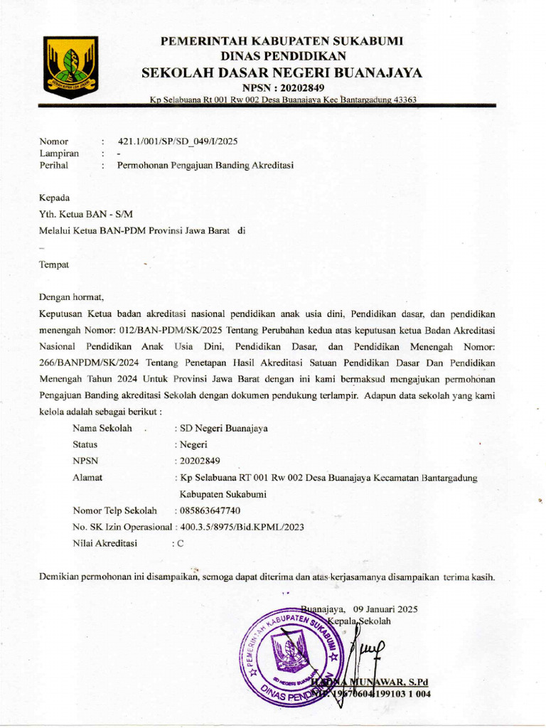 Sd_negeri Buanajaya_ Surat Permohonan Banding Akreditasi 2024 | PDF