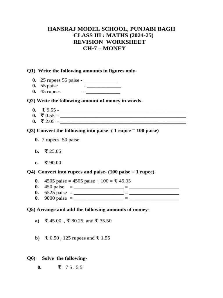 Class III Maths Money Worksheet 2024-25 | PDF