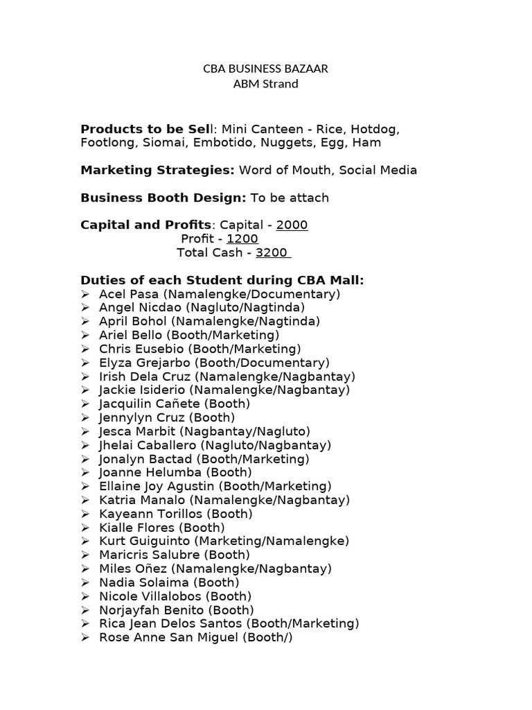 CBA Business Bazaar Overview and Roles | PDF
