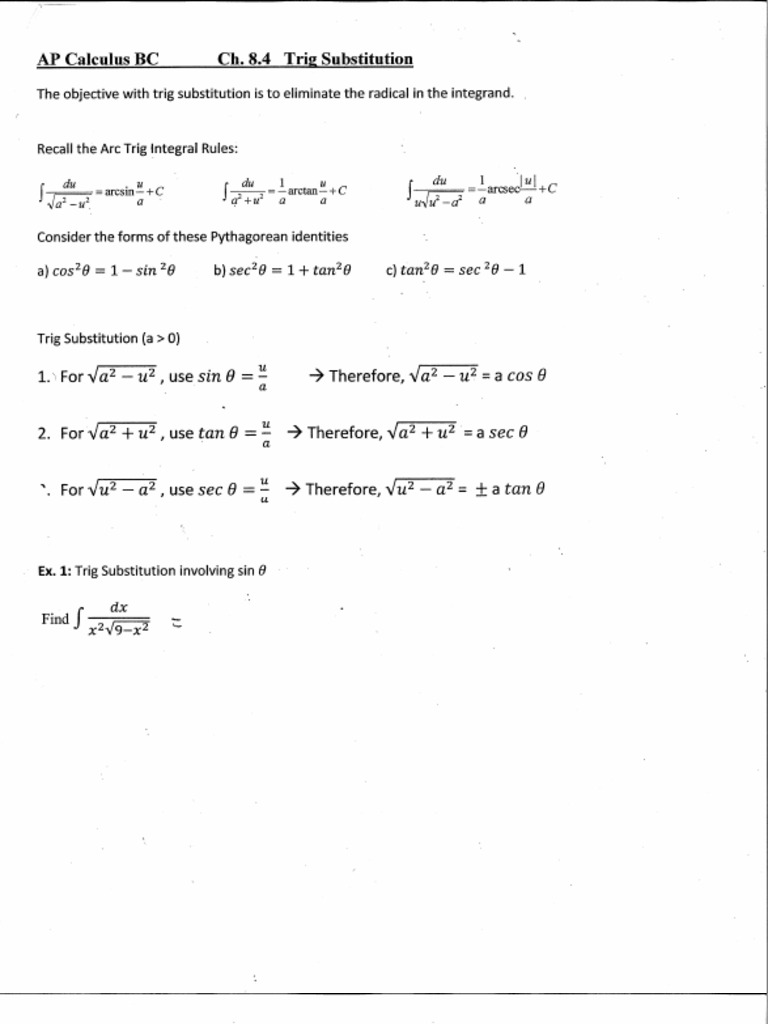 Uploads77027702250calc BC Ch. 8.4 Trig Substitutions Notes PDF | PDF