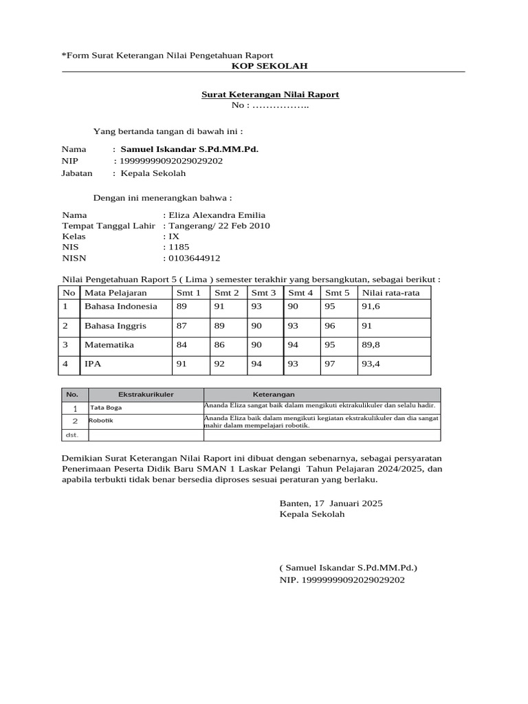 Form Surat Keterangan Nilai Rapor - Docx 1 | PDF