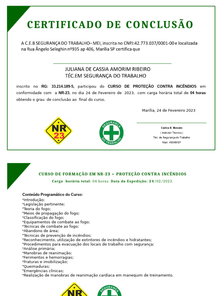 Certificado de Brigadista NR-23 | PDF